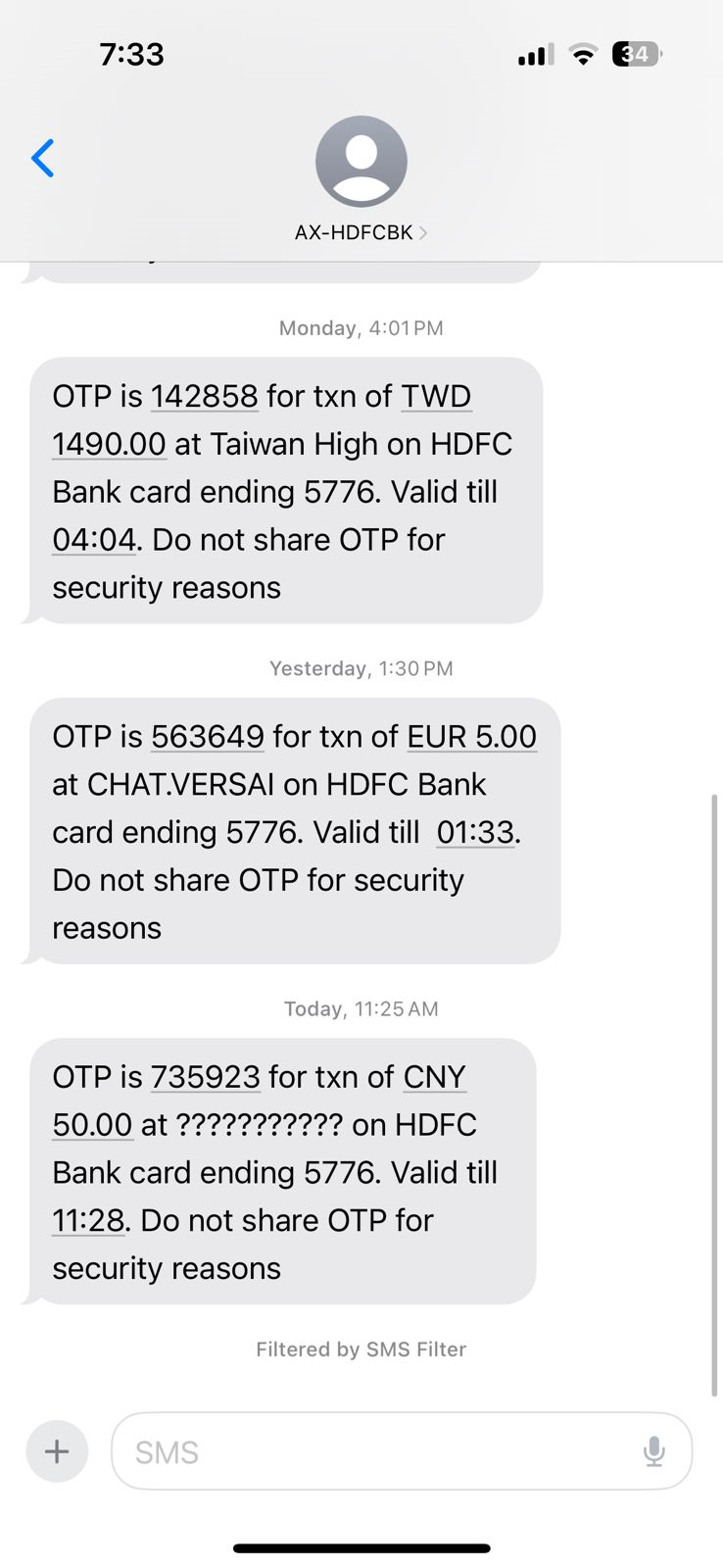 HDFC Bank customer receives multiple OTPs to execute transactions in different currencies; data ...