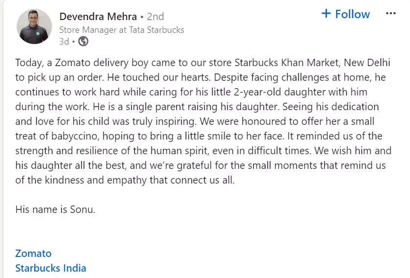 When Zomato delivery agent visited Starbucks with his daughter... - This is what happened ...